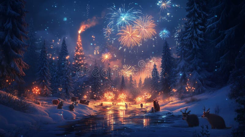 Festive Winter Night Scene with Fireworks and Animals Stock ...