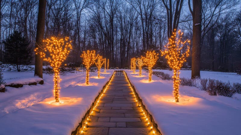 Festive Winter Pathway Illuminated by Twinkling Lights on Trees Stock ...