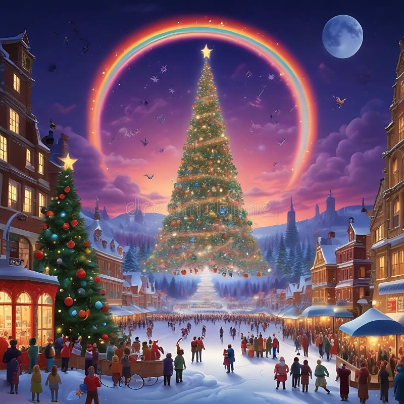 A Festive Winter Scene in the City. the Focus is on a Large Christmas ...