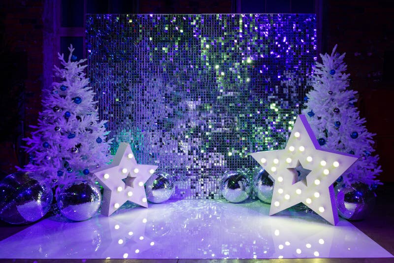 Festive Winter Scene with Disco Balls and Stars Stock Image - Image of ...