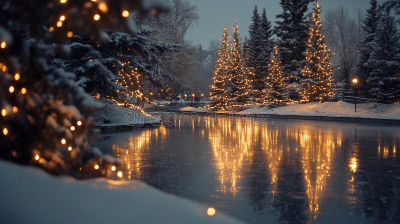 Festive Winter Scene with Illuminated Trees and Frozen Pond Stock ...