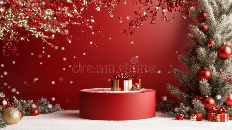 Festive Winter Scene with Red Background, Snow, and Holiday Elements ...