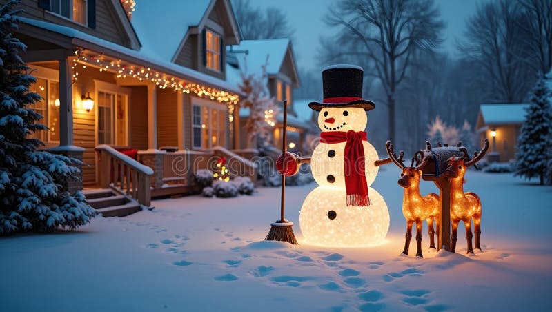 Festive Winter Scene with Snowman Sled and Christmas Lights Stock ...