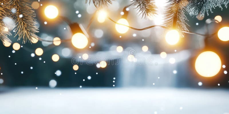 Festive Winter Scene with String Lights and Falling Snow by a Waterfall ...