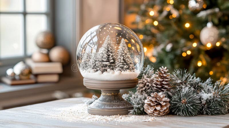 Festive Winter Snow Globe Display Featuring Miniature Trees Stock ...