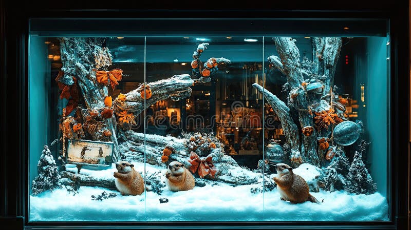 Festive Winter Window Display with Animals, Snow, and Trees Stock ...