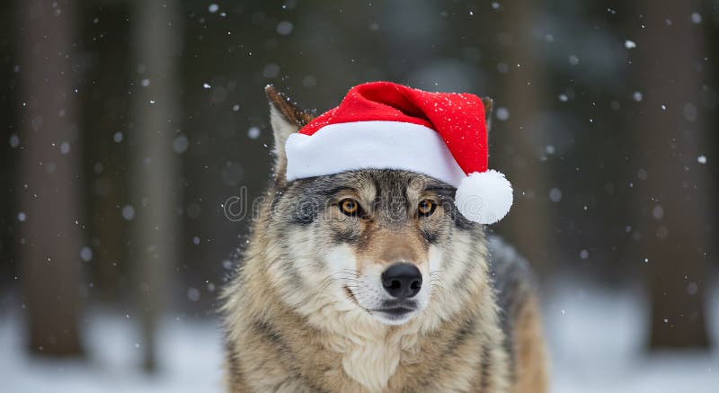 A Festive Wolf Portrait in a Snowy Forest, Wearing a Santa Hat ...