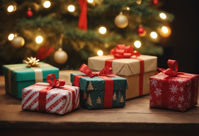 Colorful Wrapped Christmas Presents on Wooden Table Stock Illustration ...