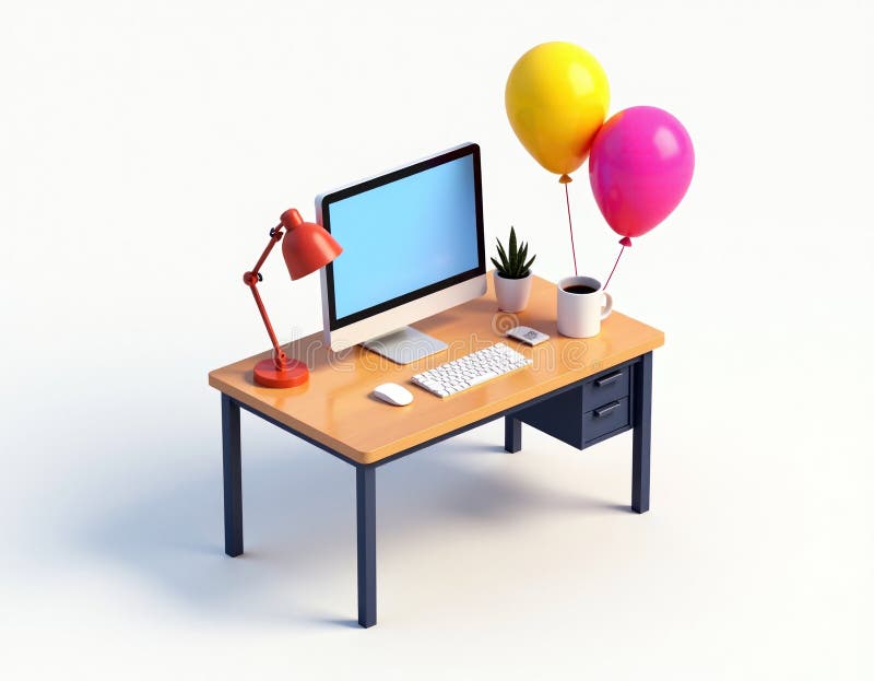 Festive Workplace Desk with Computer, Balloons, and Coffee Stock ...