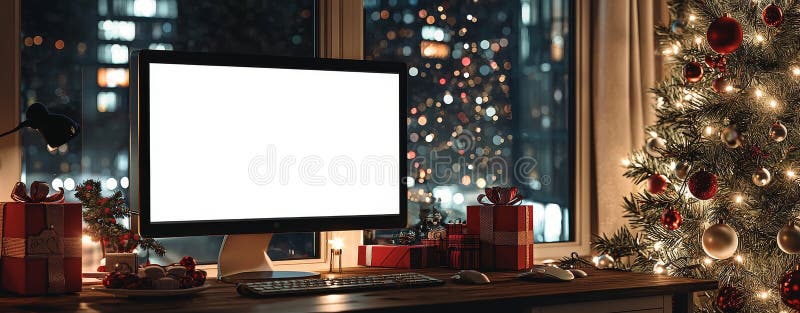 Festive Workspace: a Desk Decorated with a Computer and a Christmas ...