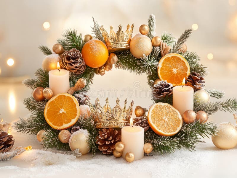Festive Wreath with Candles, Pinecones, Oranges, and Crowns Celebrating ... Festive Wreath with Candles, Pinecones, Oranges, and Crowns Celebrating ...