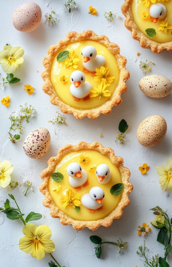 Easter Yellow Egg Tart with Ducklings and Spring Flowers Decoration ...