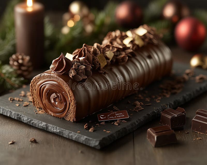 Festive Yule Log, Adorned with Chocolate Shavings, Buttercream Frosting ...