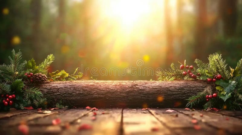 Festive Yule Log with Evergreen Branches in a Sunlit Forest Setting ...