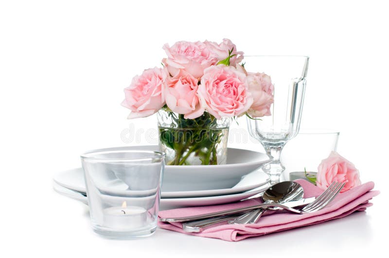 Festliches Gedeck Mit Rosa Rosen Stockfoto - Bild von fein, leer: 34257586
