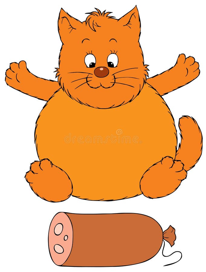 Fet katt och läcker korv vektor illustrationer. Illustration av läckert ...