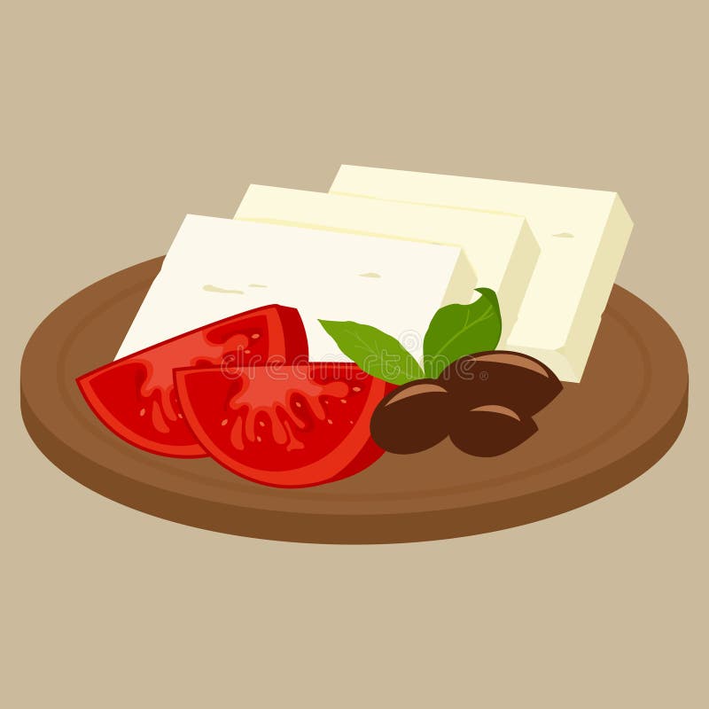 Feta Cheese and Tomato Slices with Olives. Pieces of Traditional Greek ...