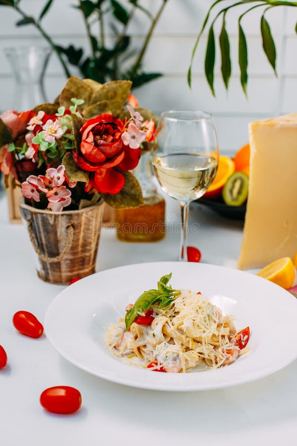 Fettuccine Pasta with Red Tomato Fish and Cheese Stock Image - Image of ...
