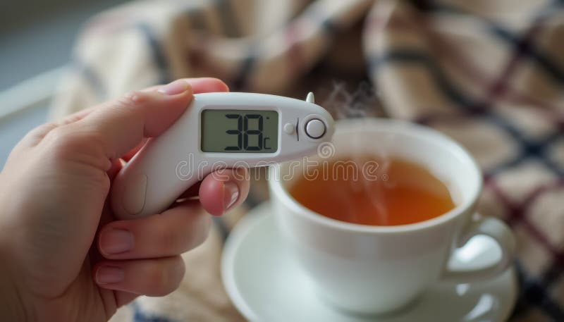 Fever Measurement with Thermometer and Hot Tea in Comfortable Setting ...