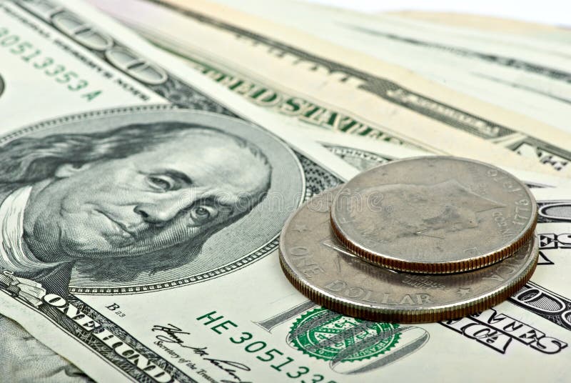 Few 100$ Banknotes And Two Coins Stock Photo - Image of finance ...