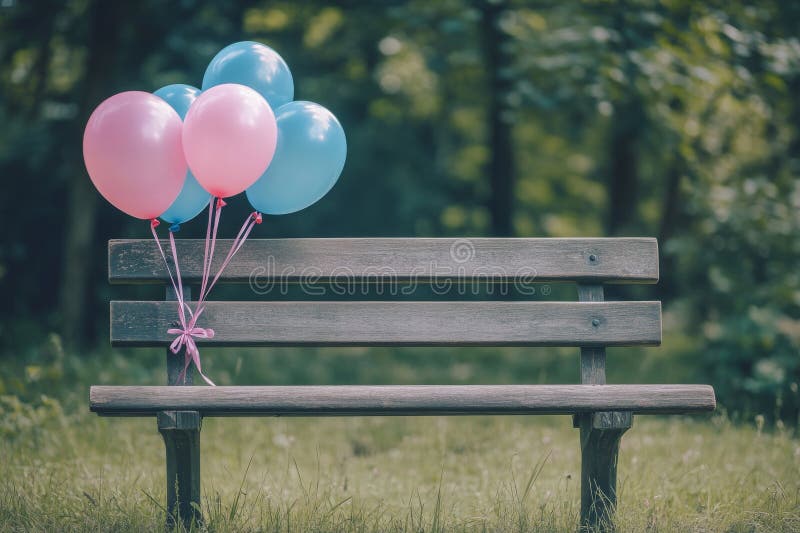 A Few Balloons Gently Float Over a Secluded Park Bench Stock Image ...