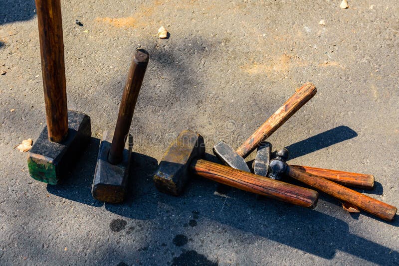 A Few Blacksmith Hammers on a Ground Stock Photo - Image of instrument ...