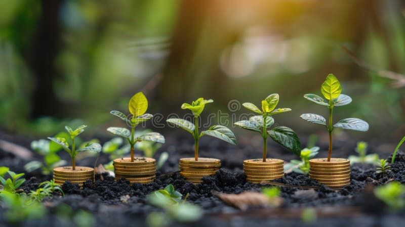 A Few Coins and a Plant are on the Ground Stock Image - Image of green ...