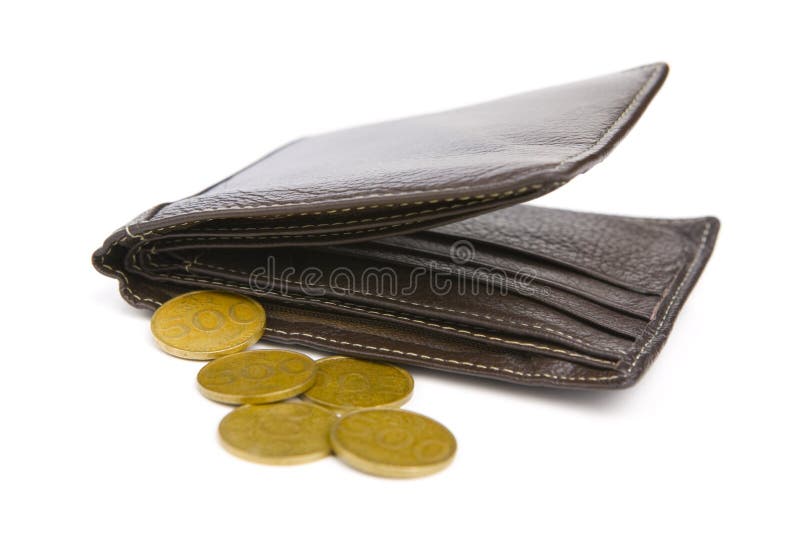 Wallet and scattered coins stock photo. Image of nickel - 11839174
