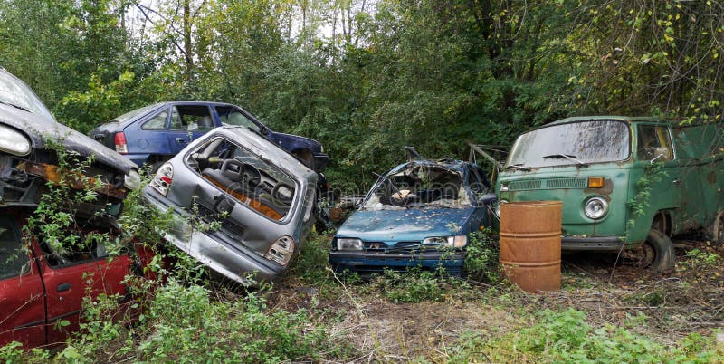 A Few Old Damaged Rusty Cars,broken,piled Up,with Rusty Barrel,green ...