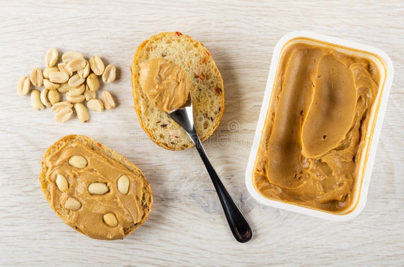 Few of Peanut, Sandwich with Peanut Butter, Spoon with Paste on Bread ...