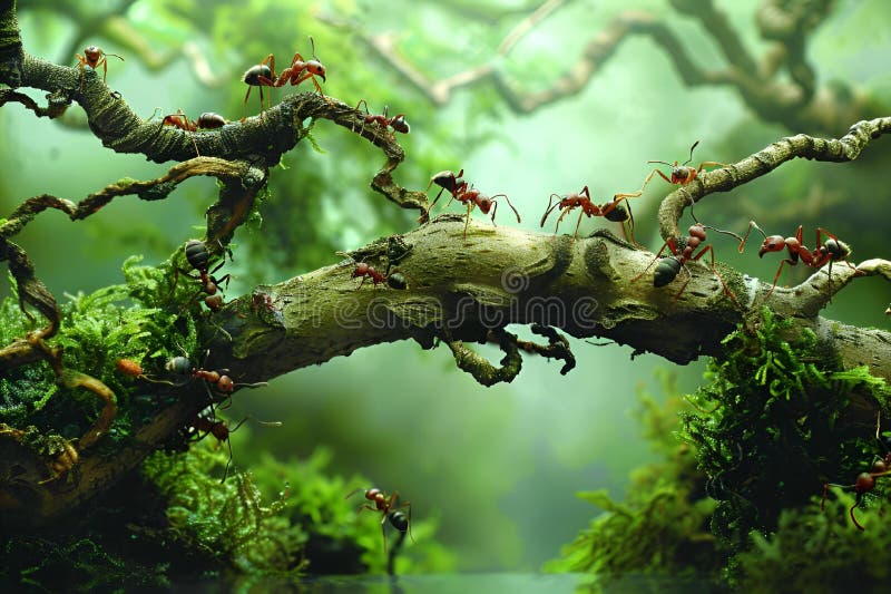 A Few Red Ants Walk Around Some Leaves on a Tree Branch Stock ...