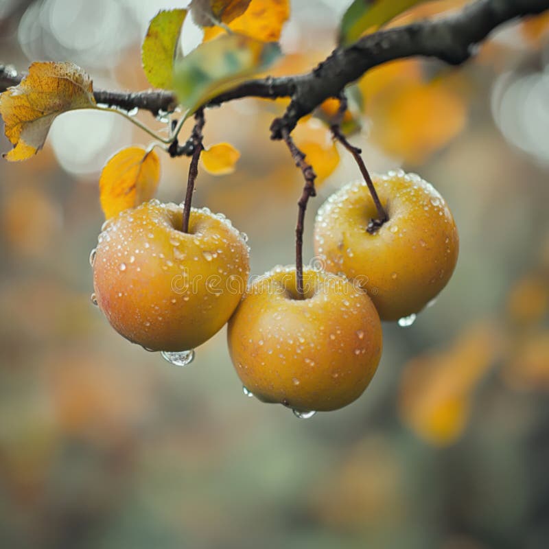 A Few Ripe Apples Hang Upside Down from the Branches in the Autumn Rain ...