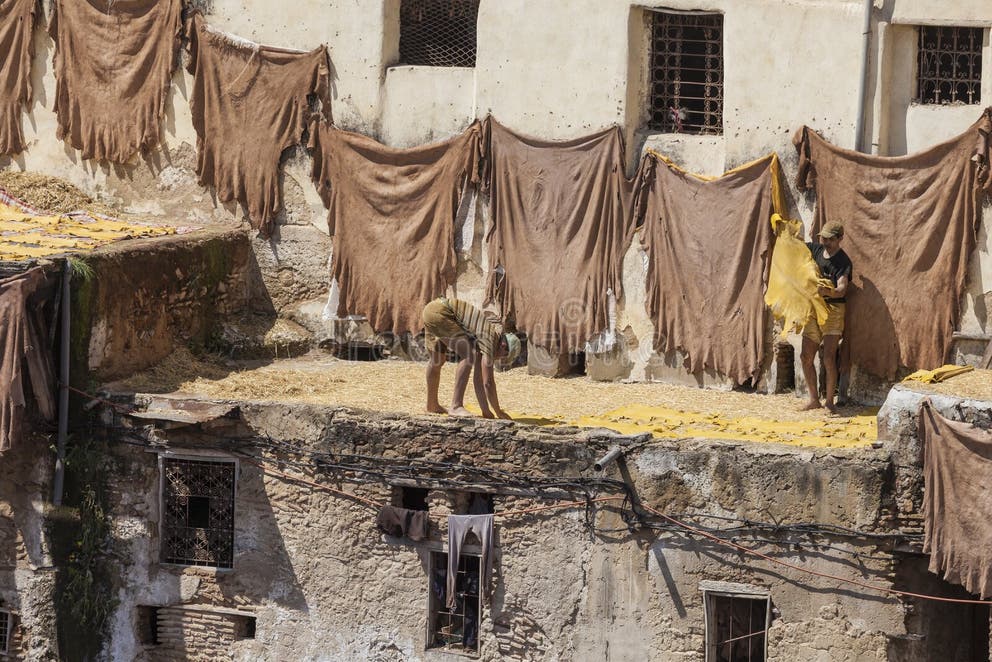 FEZ, MOROCCO - JUNE 10. 2016: Workers at the Chouwara Tannery in ...