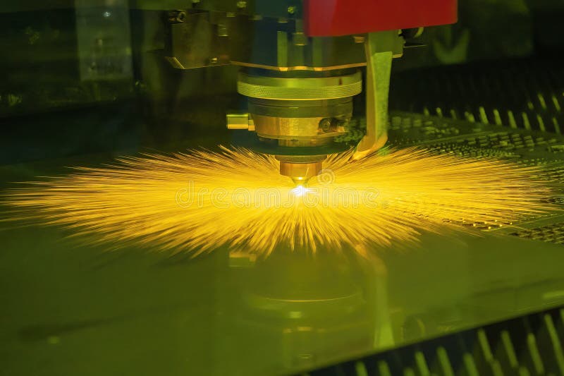 The Fiber Laser Cutting Machine Cut the Metal Plate with the Sparkling ...