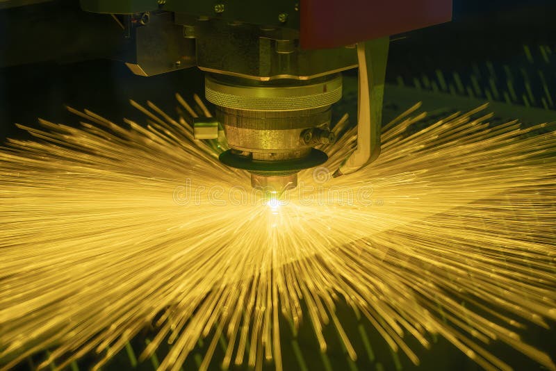 The Fiber Laser Cutting Machine Cut the Metal Plate with the Sparkling ...