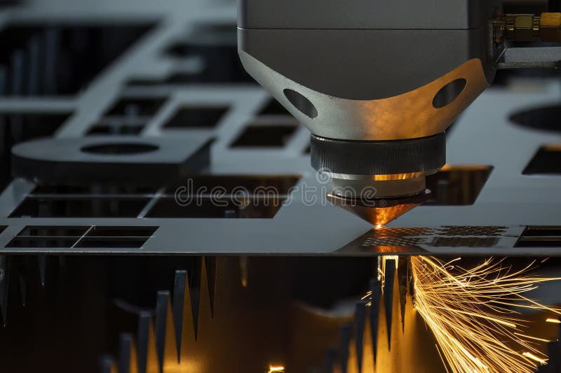 The Fiber Laser Cutting Machine Cut the Metal Plate with the Sparkling ...