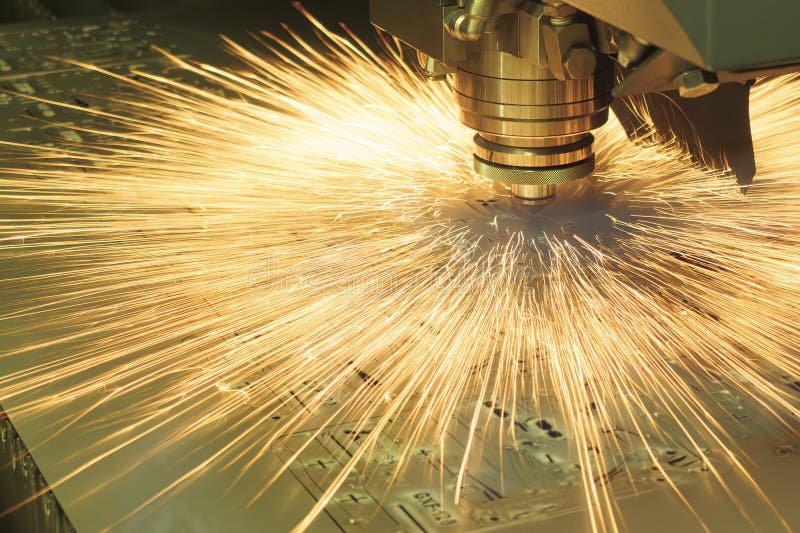 The Fiber Laser Cutting Machine Cut the Metal Plate with the Sparkling ...