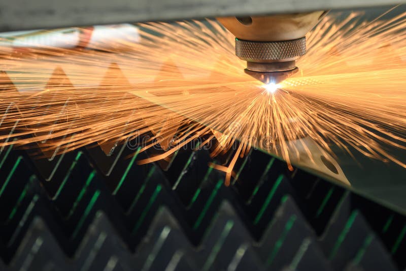The Fiber Laser Cutting Machine Cut the Metal Plate with the Sparkling ...