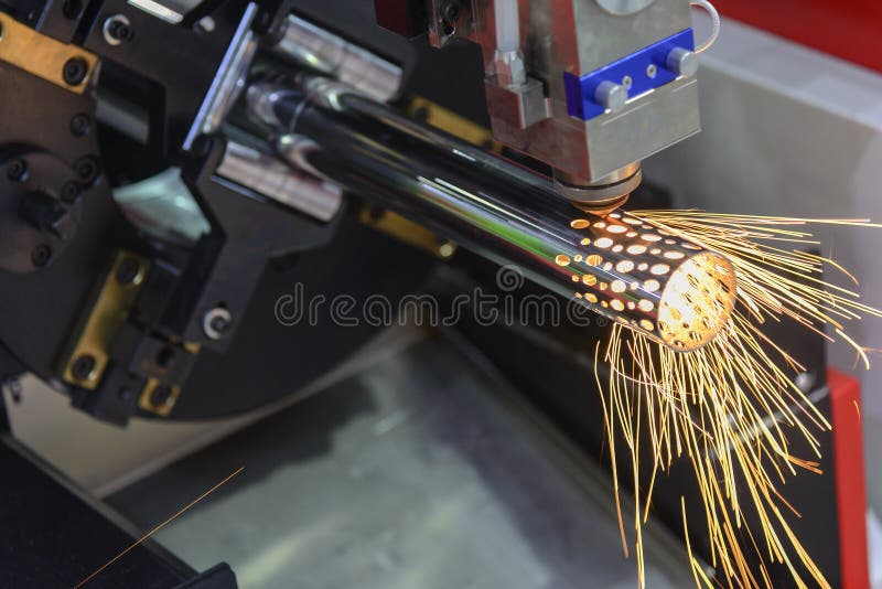 The Fiber Laser Cutting Machine Cutting the Steel Pipe Stock Image ...