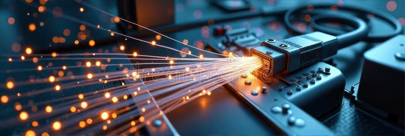 Fiber Optic Cable Connection Emitting Glowing Sparks in High-tech ...