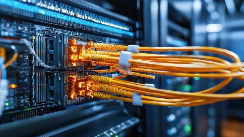 Fiber Optic Cable Connection Glowing Orange in Data Center Network ...