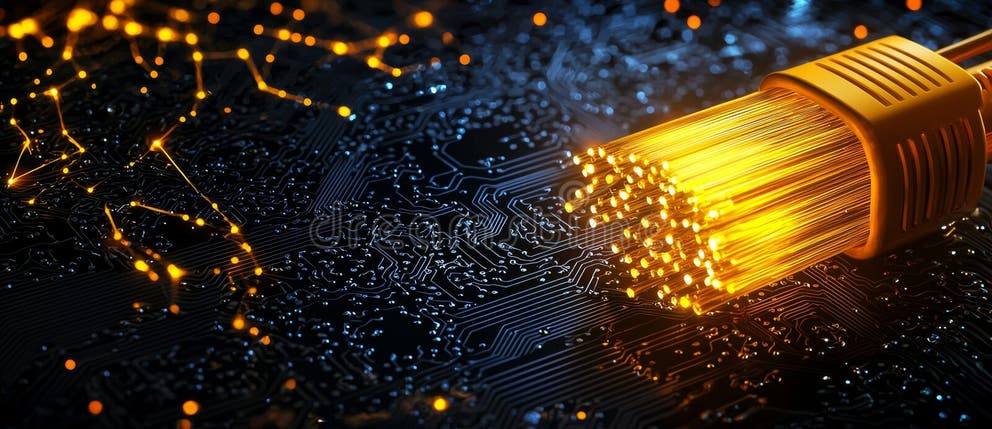 Fiber Optic Cable Emitting Light while Transferring Data Along a ...