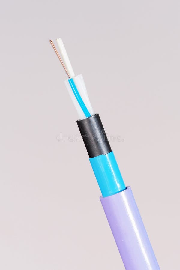 Fiber Optic Cable End with Stripped Violet and Black Jacket Layers ...