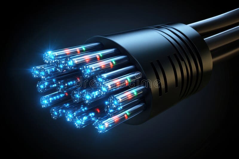 Fiber Optic Cable Glowing in Dark with Lights Reflecting Technological ...