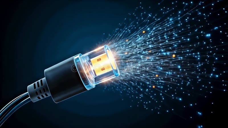 Fiber Optic Cable with Glowing Light Particles Against Dark Blue ...