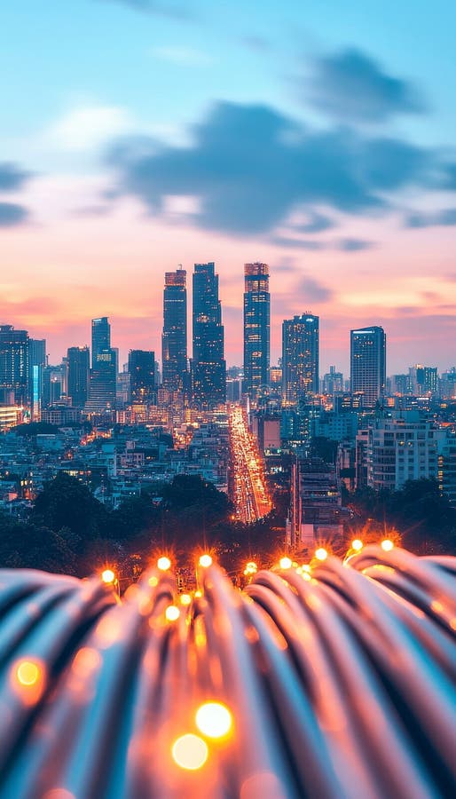 Fiber Optic Cables, City Skyline, Network Connection, Digital ...