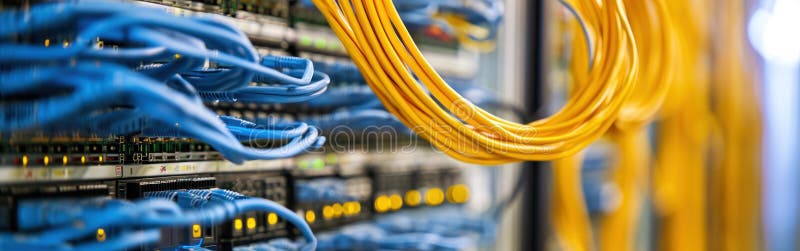 Fiber Optic Cables Connected To an Optic Ports in Data Center. Banner ...
