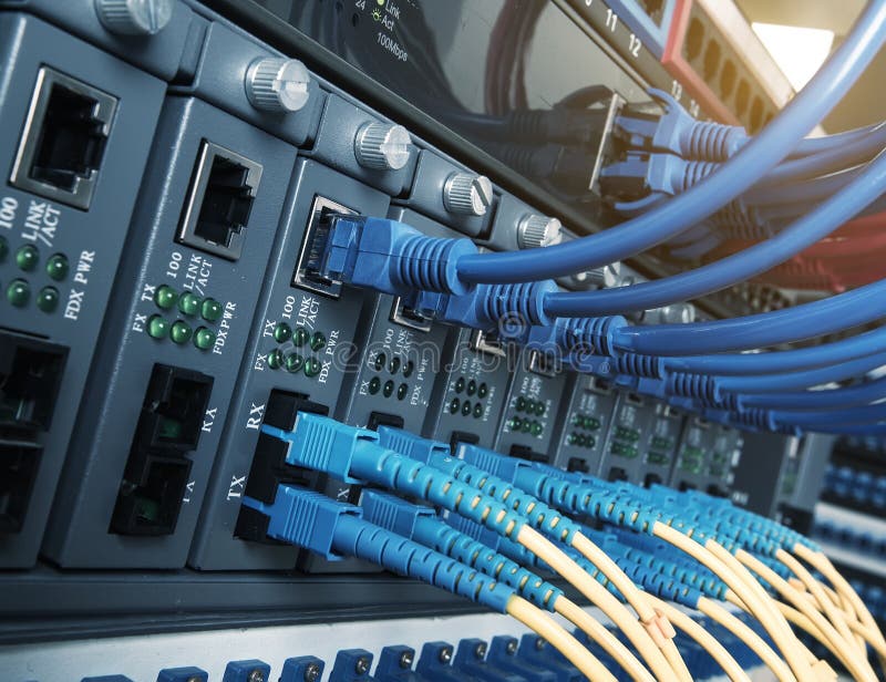 Fiber Optic Cables Connected To an Optic Ports and Cable Stock Image ...