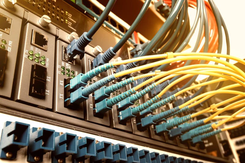 Fiber Optic Cables Connected To an Optic Ports and Cable Stock Image ...