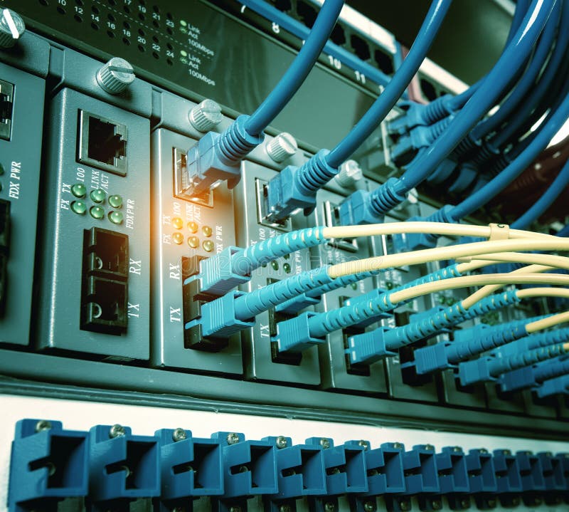 Fiber Optic Cables Connected To an Optic Ports and Cable Stock Image ...